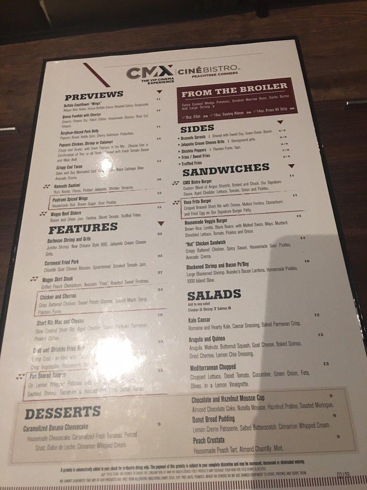 Menu at CMX CinéBistro Peachtree Corners restaurant, Peachtree Corners ...