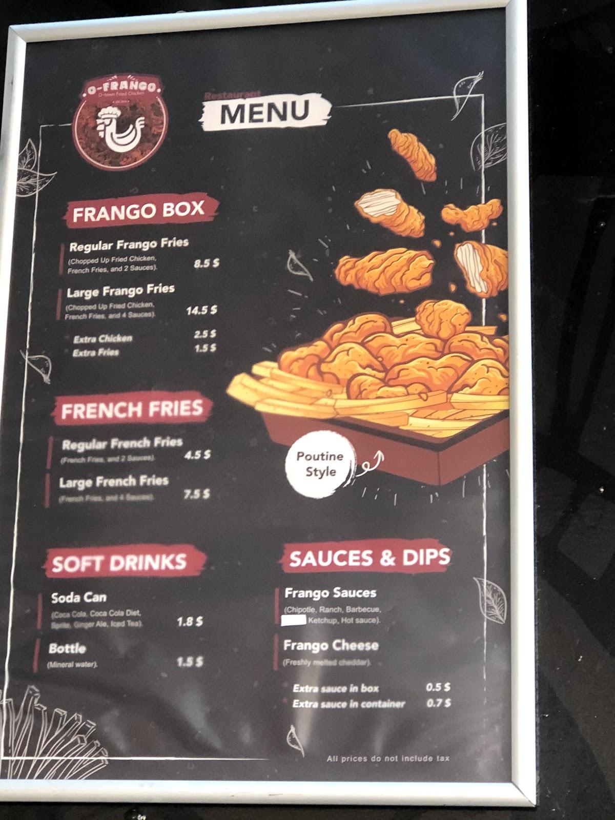 Menu at O-FRANGO restaurant, Ottawa, 151 Laurier Ave E