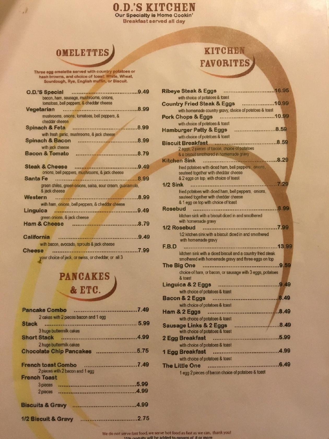 Menu at OD's Kitchen restaurant, Gilroy