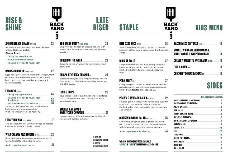 Menu at The Backyard Cafe, New Plymouth