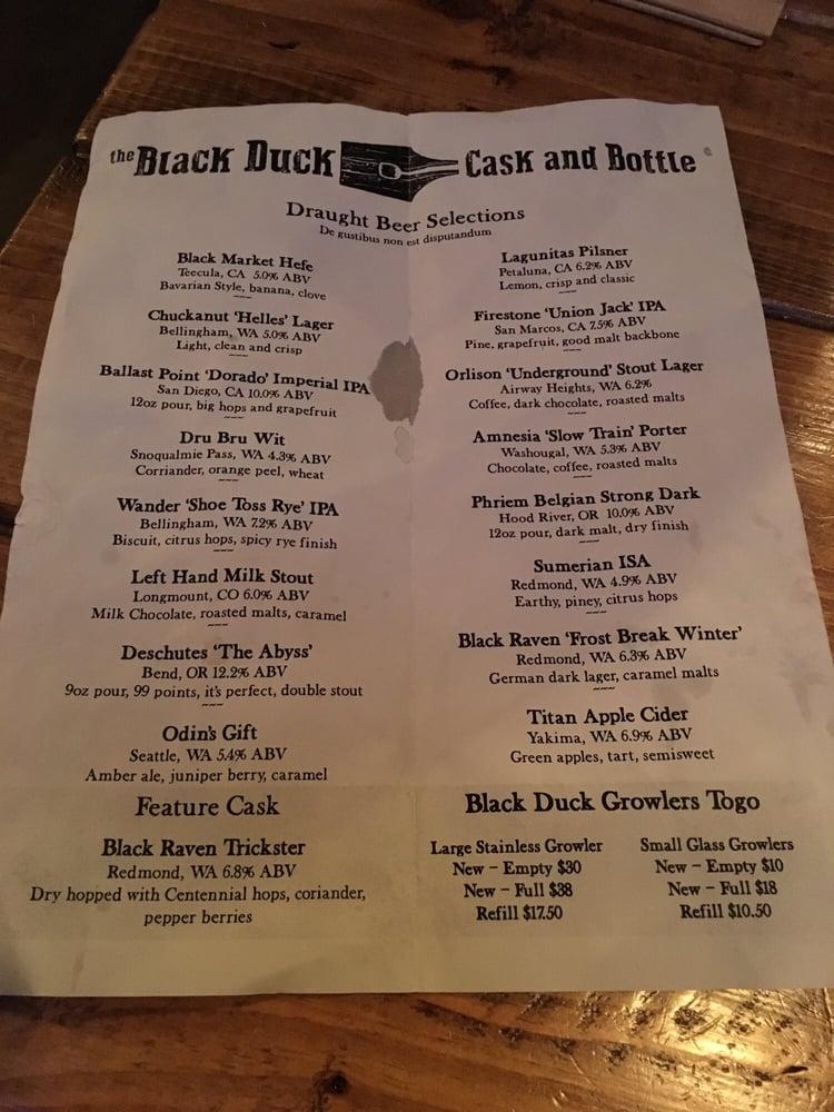 Menu at The Black Duck Cask and Bottle pub & bar, Issaquah