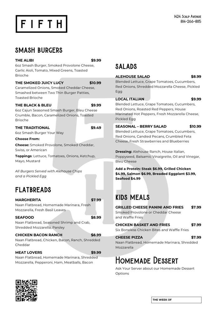 Menu at The Fifth Local Eatery & Alehouse pub & bar, Johnstown