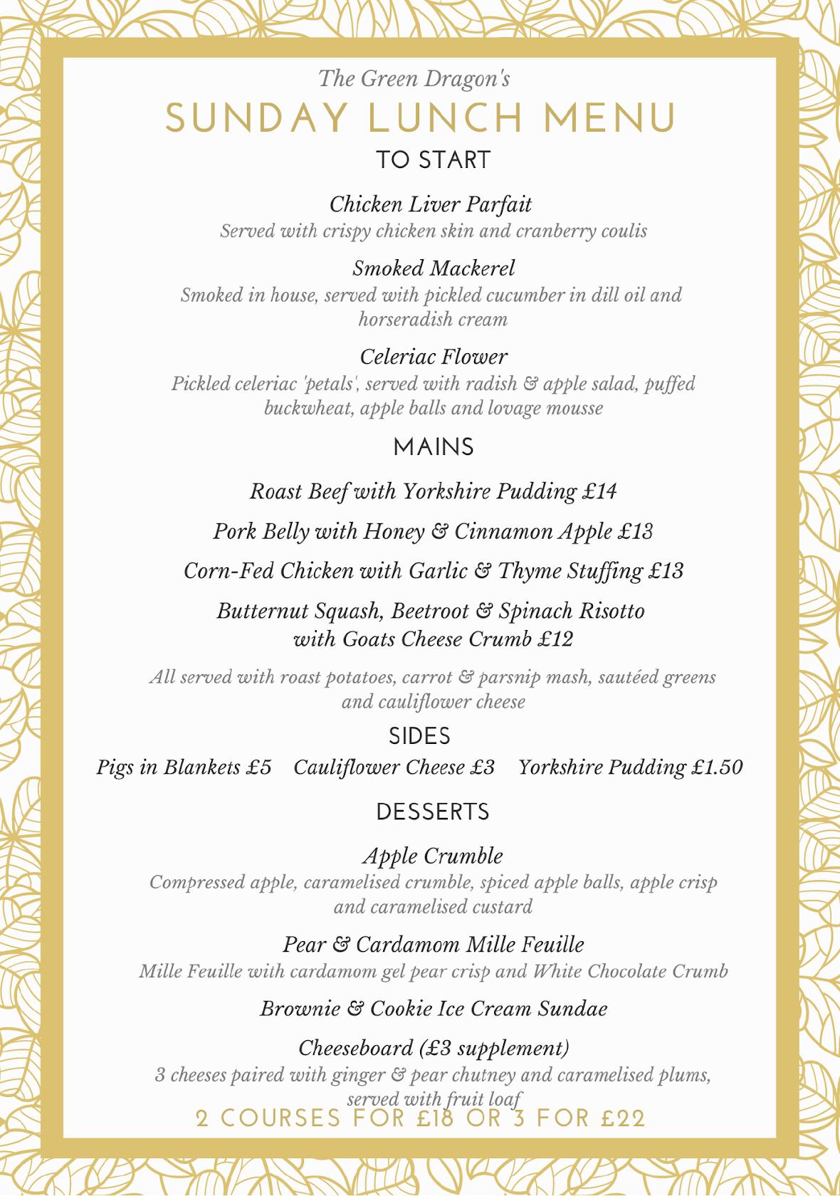 Menu at The Green Dragon restaurant, Coventry