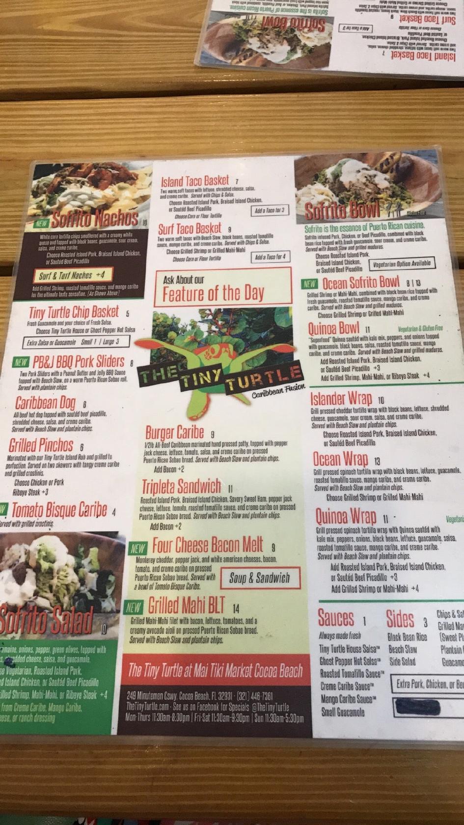 Menu at The Tiny Turtle restaurant, Cocoa Beach