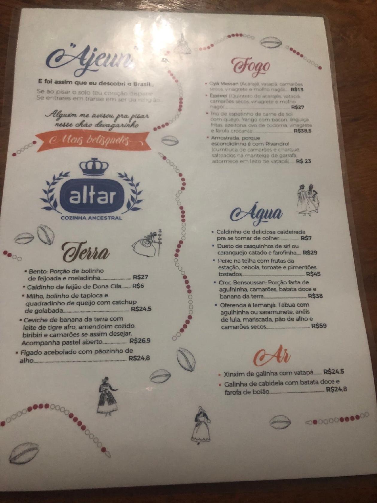 Menu em Altar Cozinha Ancestral - Recife restaurante, Recife