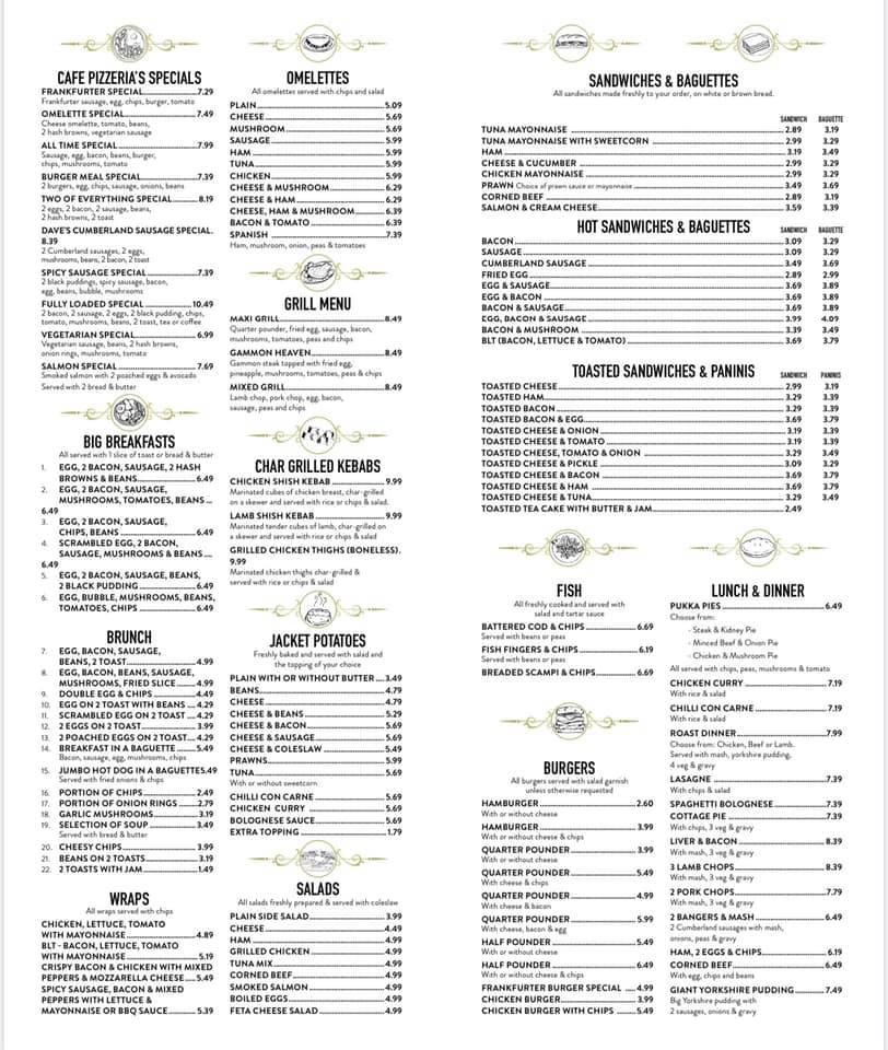 Menu at Cafe Pizzeria, Harlow