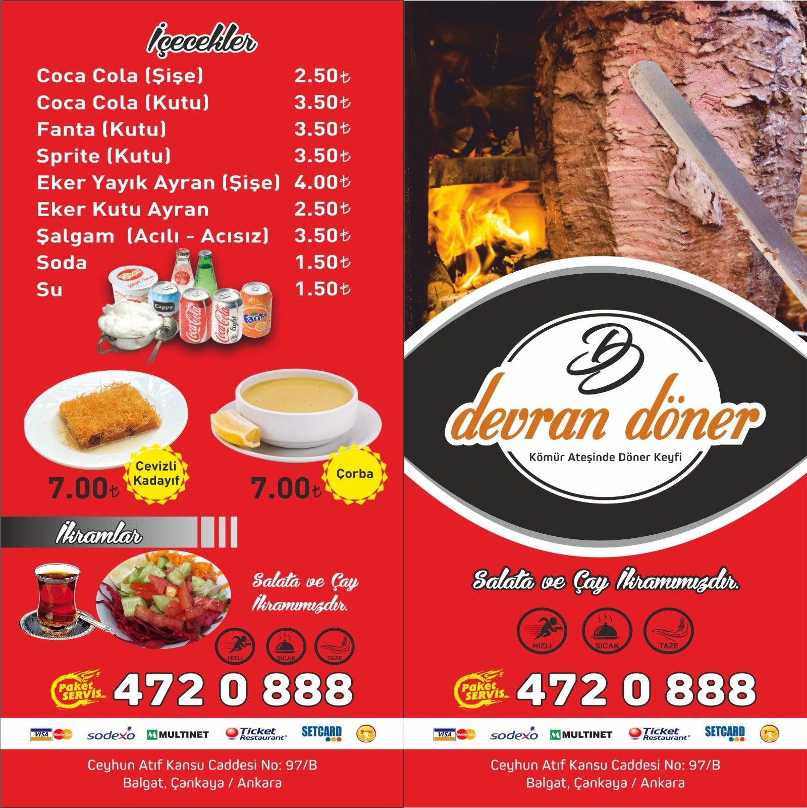Menu at Devran Döner, Ankara, Ehlibeyt mahallesi