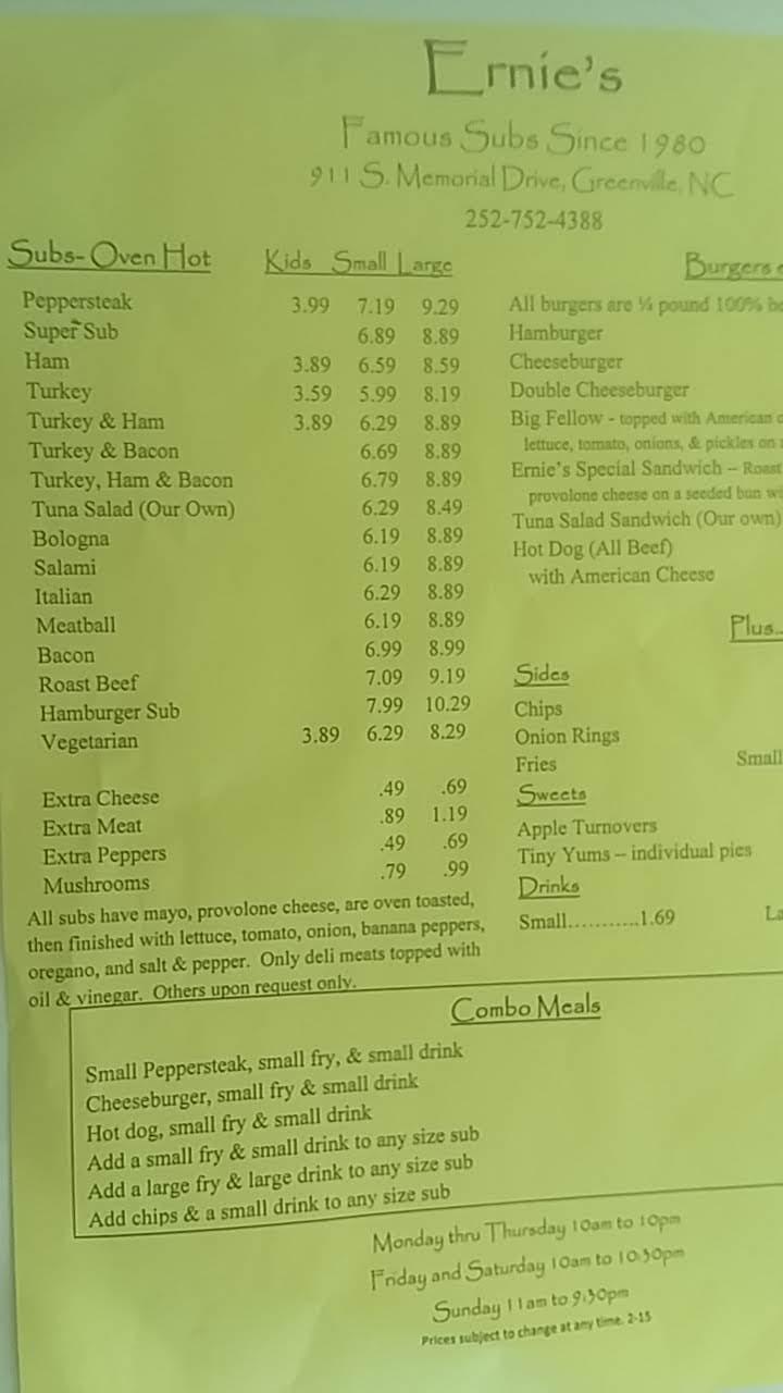 Menu at Ernie's Famous Subs restaurant, Greenville
