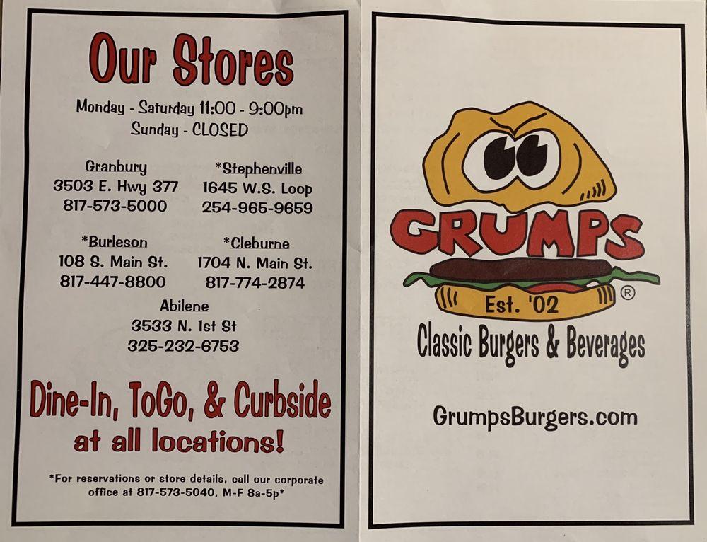 Menu at Grumps Burgers pub & bar, Abilene