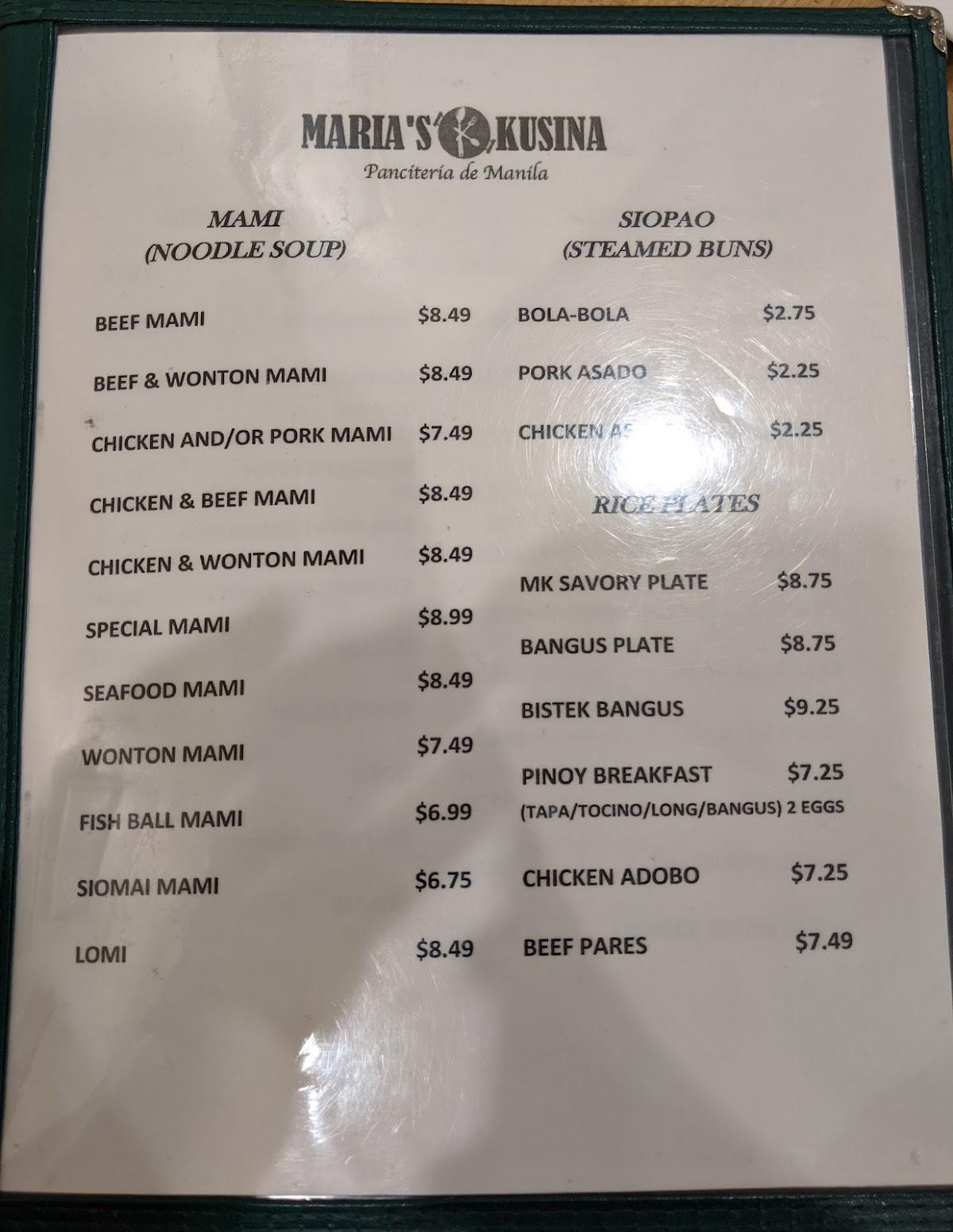 Menu at Maria's Kusina restaurant, Buena Park