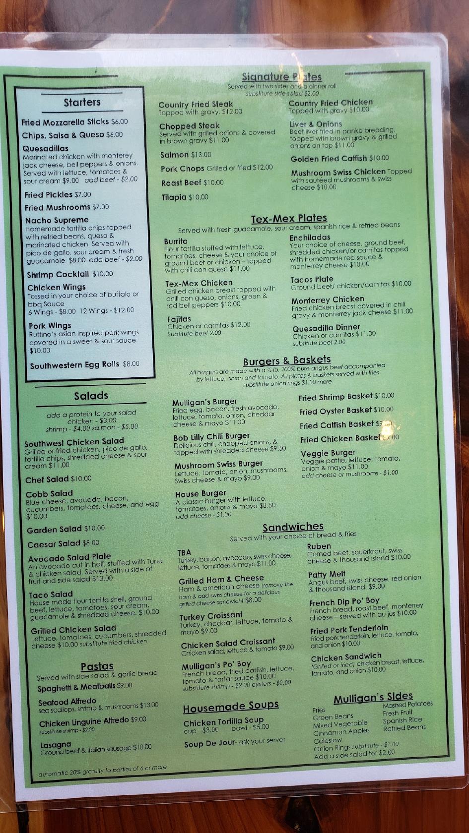 Menu at Mulligan’s restaurant, Georgetown