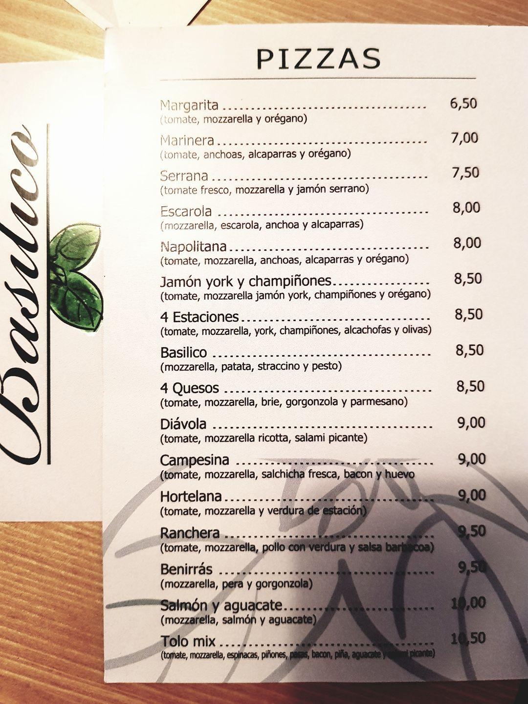 Menu at Pizzería Basilico, Ibiza