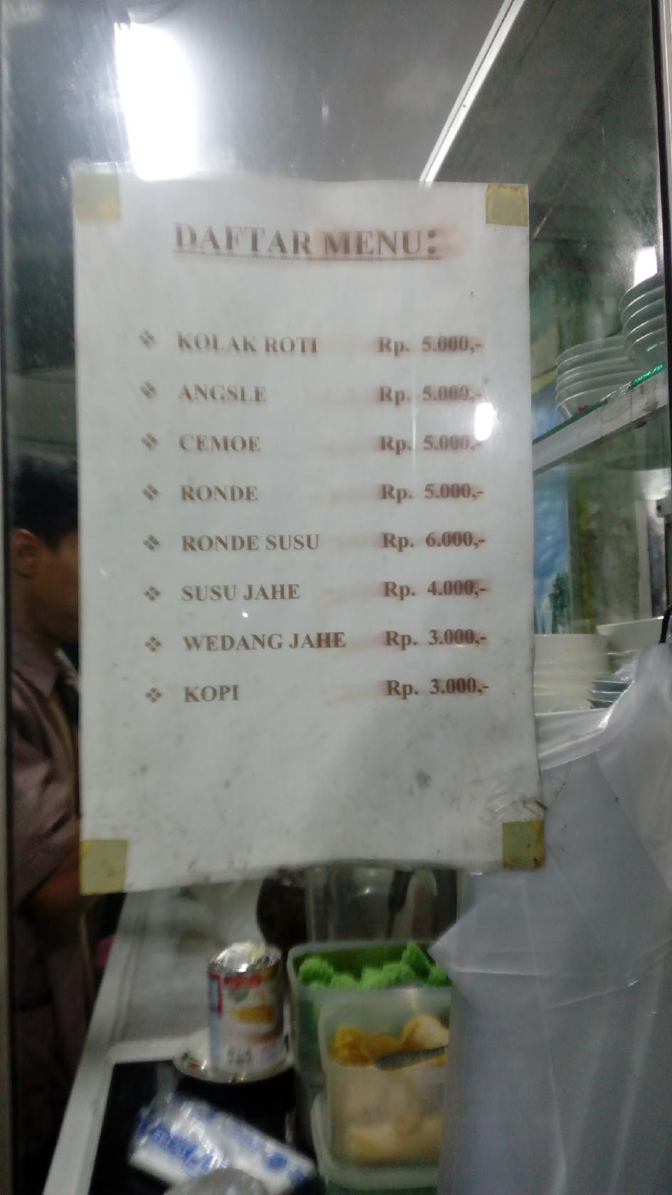 Menu at Ronde Jogja dan Kolak Roti restaurant, Blitar