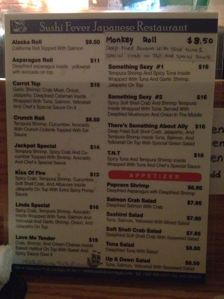 Menu at Sushi Fever restaurant, Las Vegas, W Sahara Ave