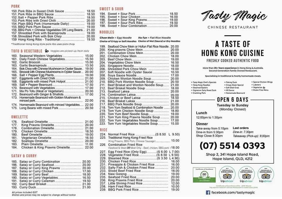Menu at Tasty Magic Chinese Restaurant, Hope Island