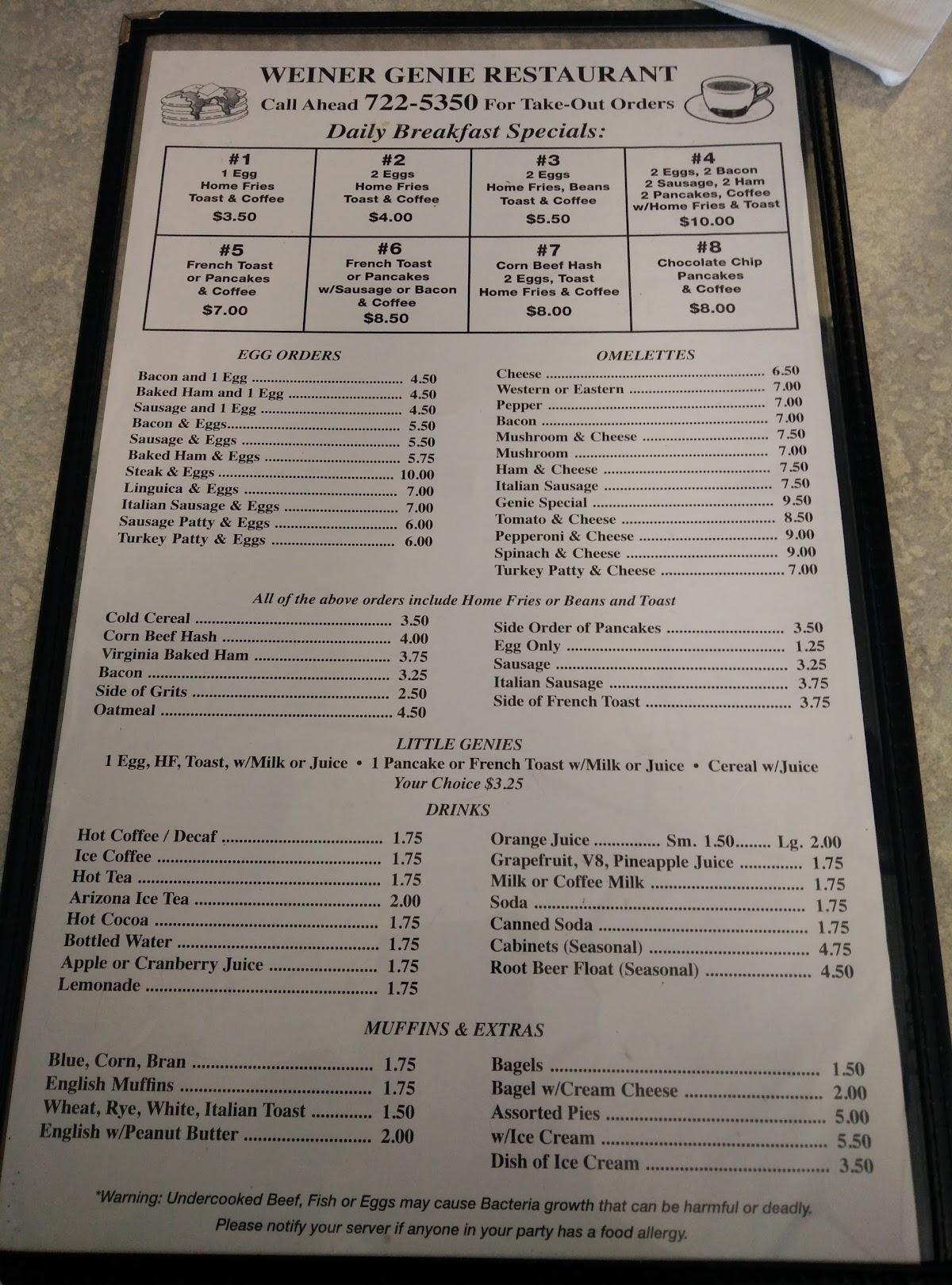 Menu at Weiner Genie restaurant, Lincoln