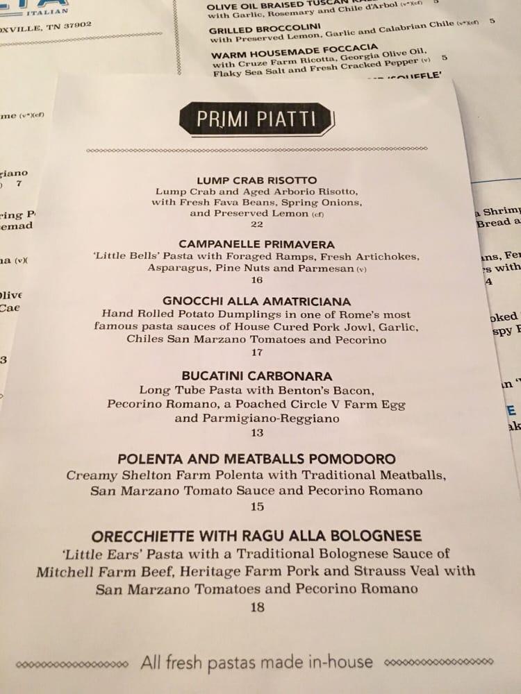 Menu at Emilia restaurant, Knoxville