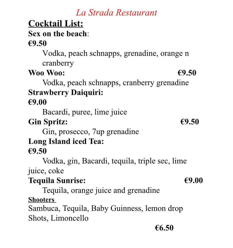 Menu at La Strada Restaurant, Ennis