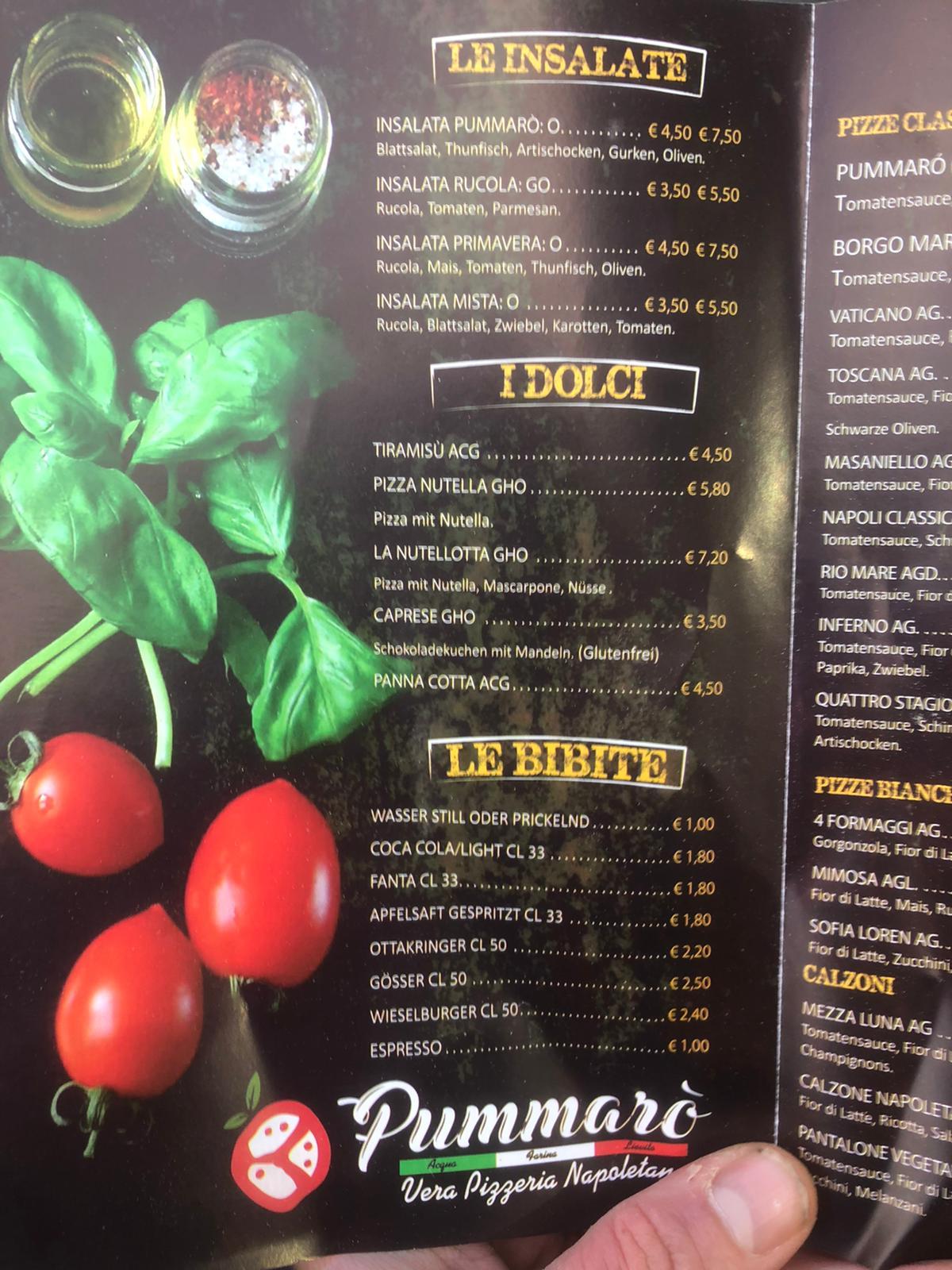Menu at Pizzeria Pummarò, Vienna