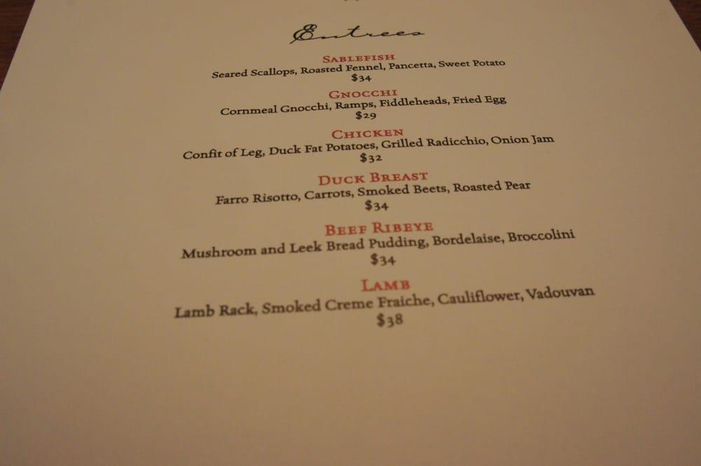 Menu at Red Ox Inn restaurant, Edmonton