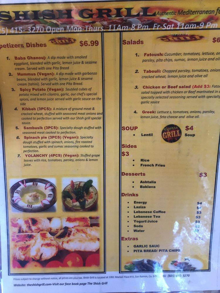 Menu at Shish Grill restaurant, San Ramon, Market Pl #A