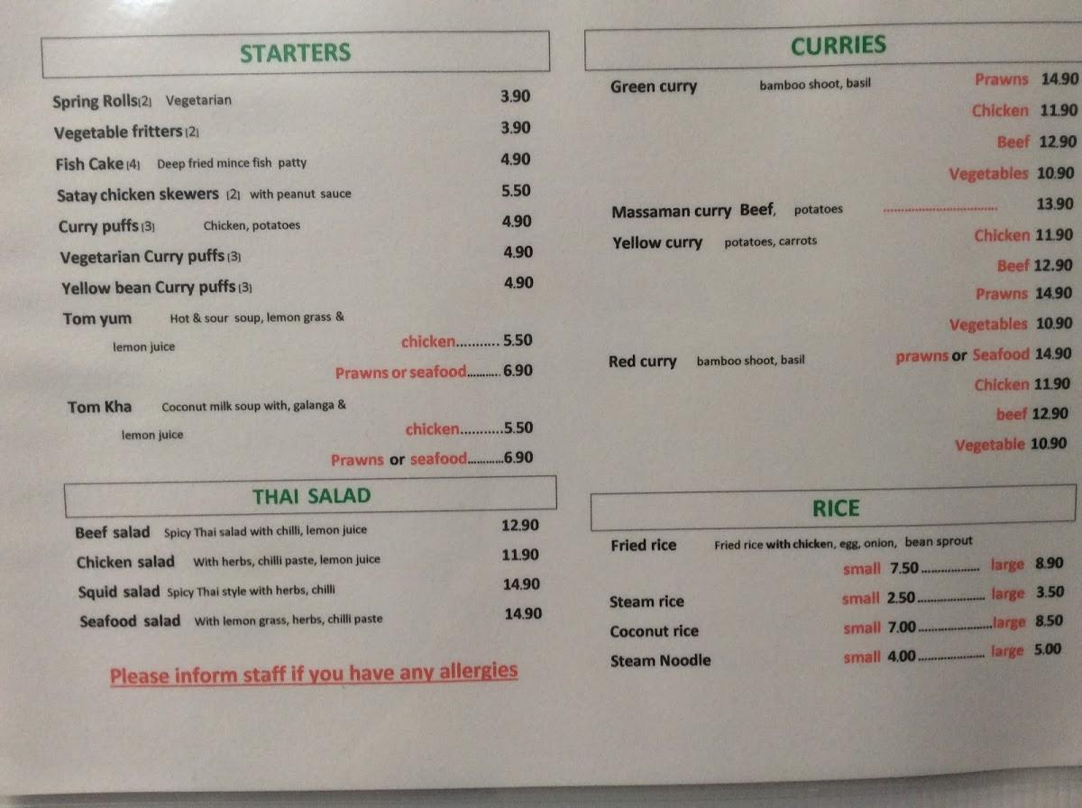 Menu at Smile Thai restaurant, Dover Gardens