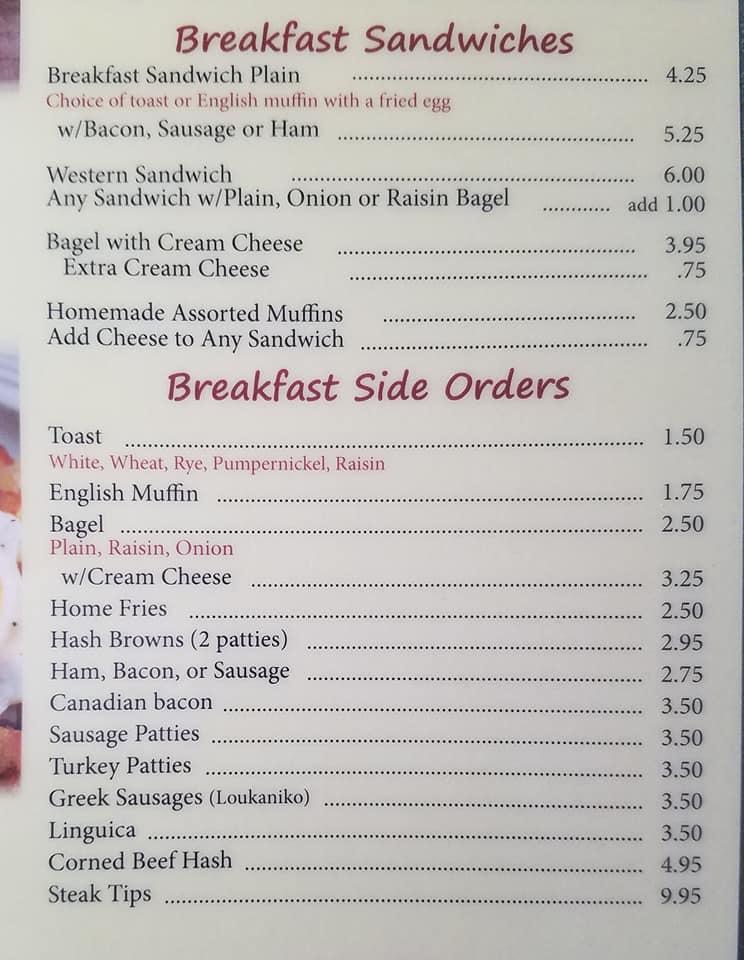 Menu at Sunnyside Cafe, Randolph