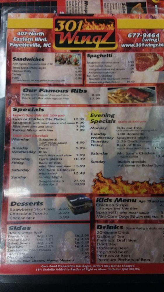 Menu at 301 Wingz pub & bar, Fayetteville