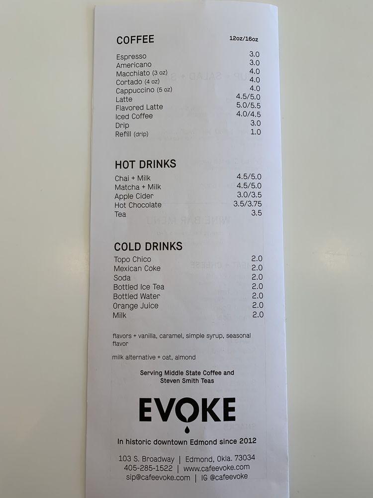 Menu at Café Evoke cafe, Edmond