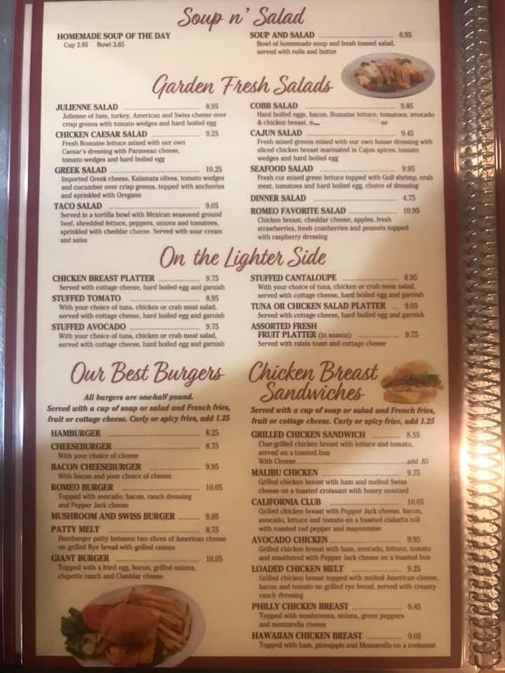 Menu at Cafe Romeo, Romeoville