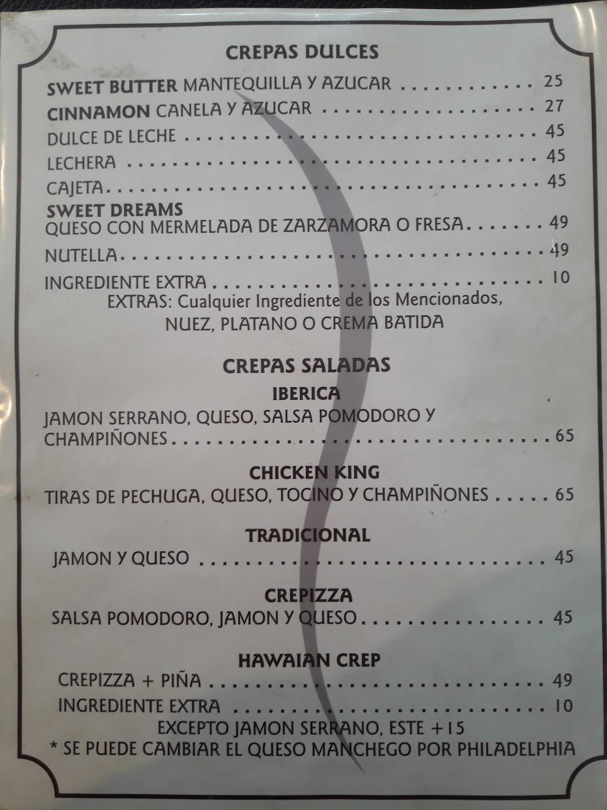 Menu at Crep Stop, Ciudad López Mateos