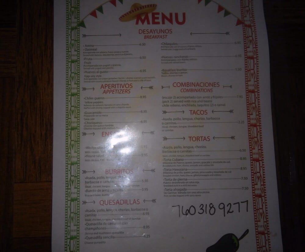 Menu at Felipe's Palm Springs restaurant, Palm Springs