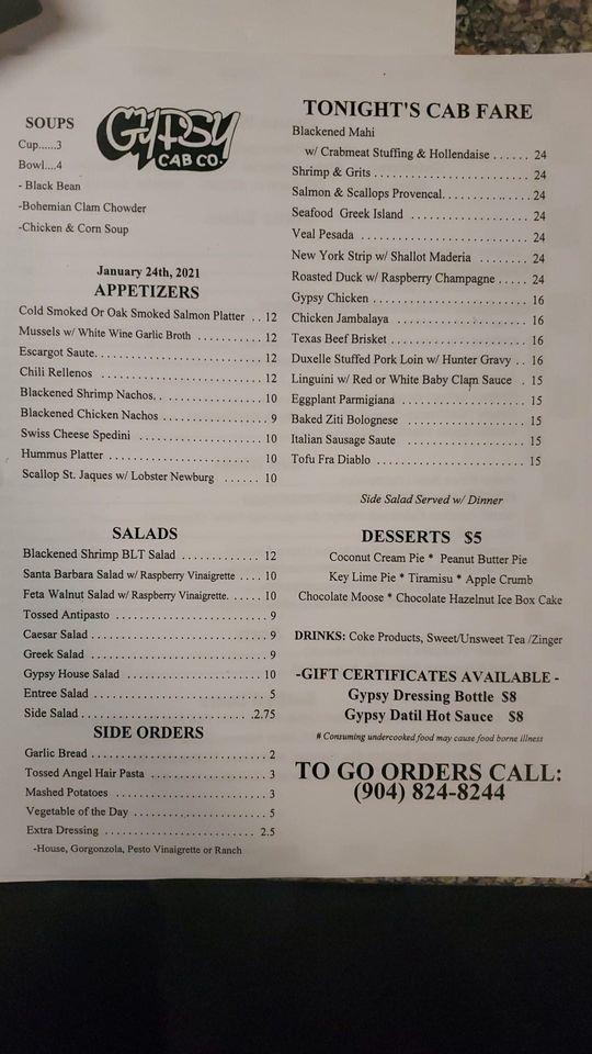 Menu at Gypsy Cab Company Restaurant, St. Augustine