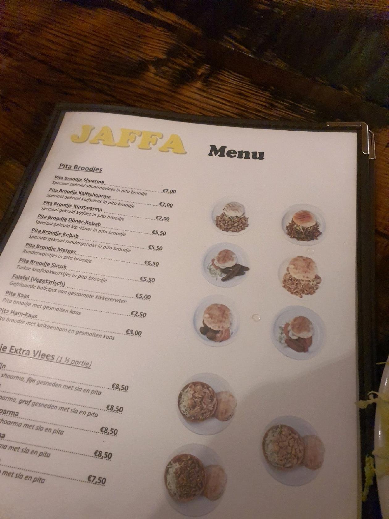 Menu at Jaffa Shoarma, Rotterdam