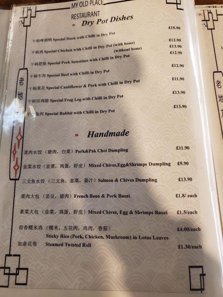 Menu at My Old Place restaurant, London, 88-90 Middlesex St