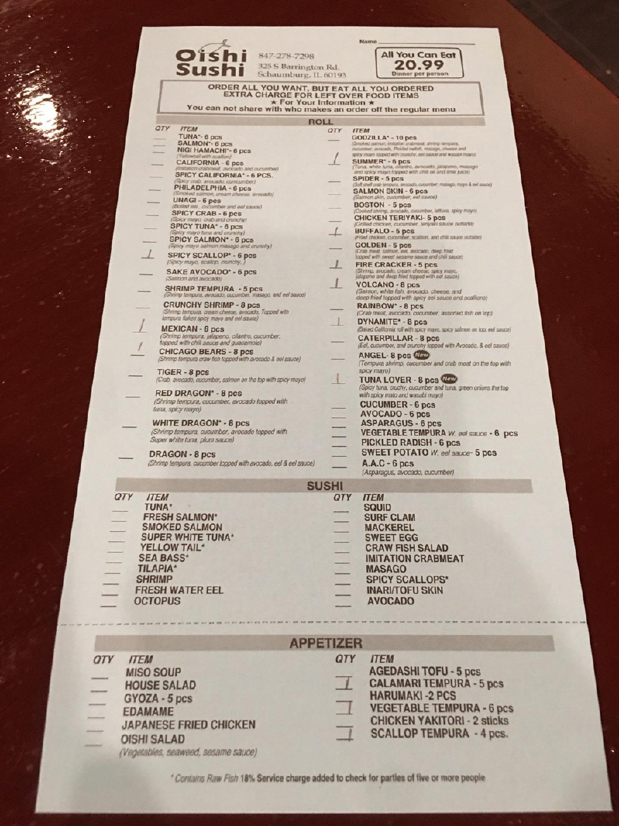 Menu at Oishi Sushi restaurant, Schaumburg