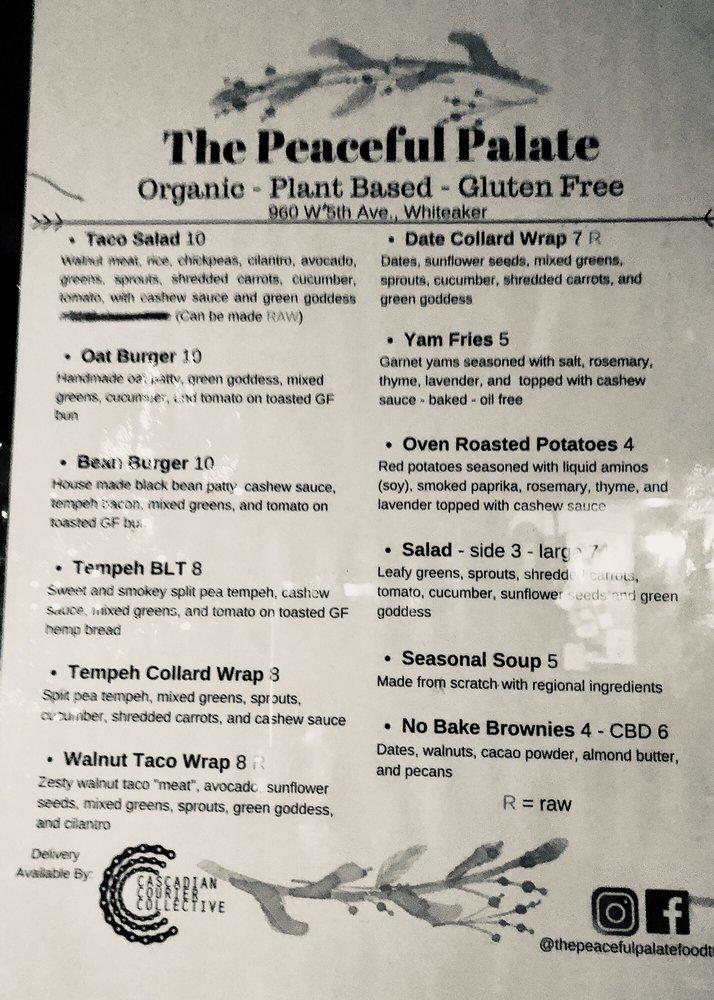 Menu at The Peaceful Palate Food Truck restaurant, Eugene, 267 Van Buren St