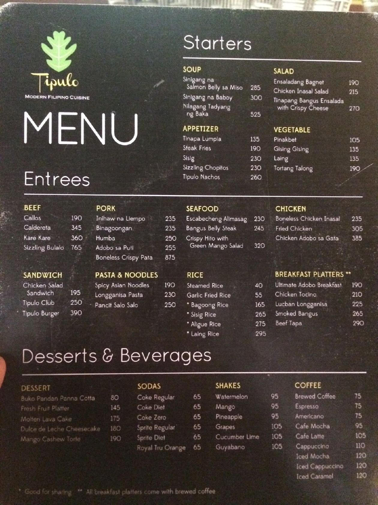 Carta del restaurante Tipulo, Antipolo