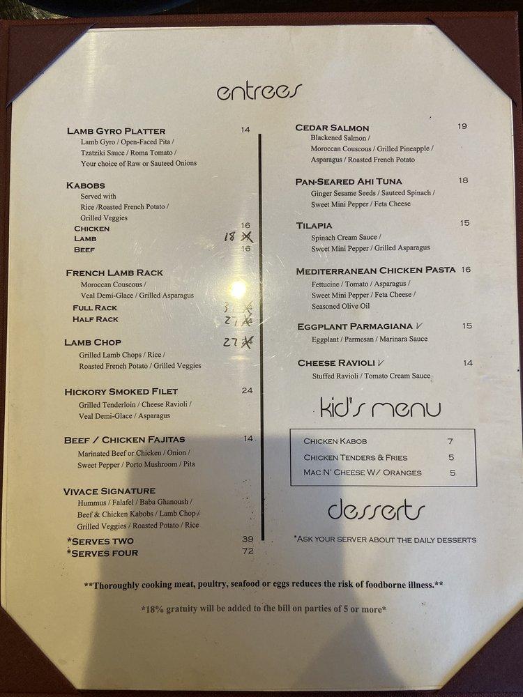 Menu at Vivace Mediterranean Cuisine restaurant, Bentonville