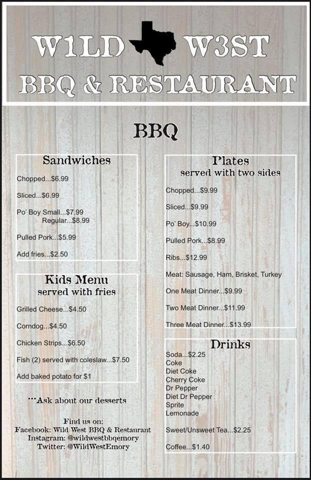 Menu at Wild West BBQ & Restaurant, Emory