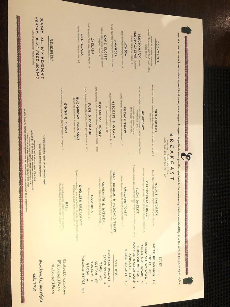 Menu at Eloise pub & bar, El Paso