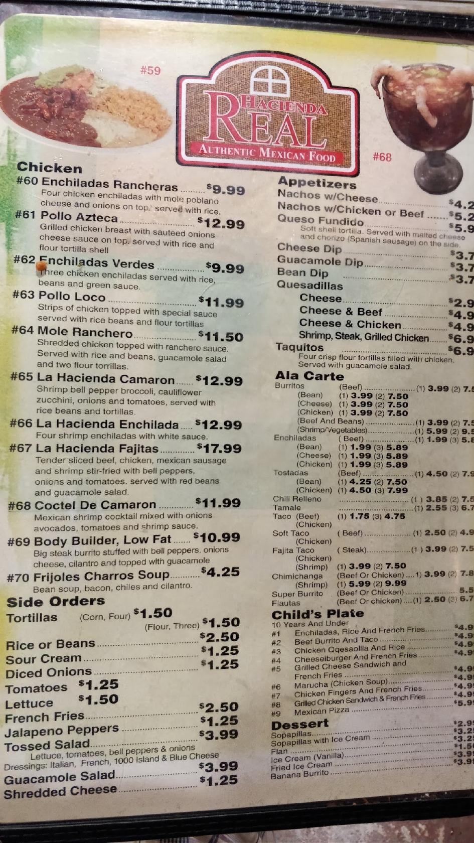 Menu at Hacienda Real restaurant, Eunice