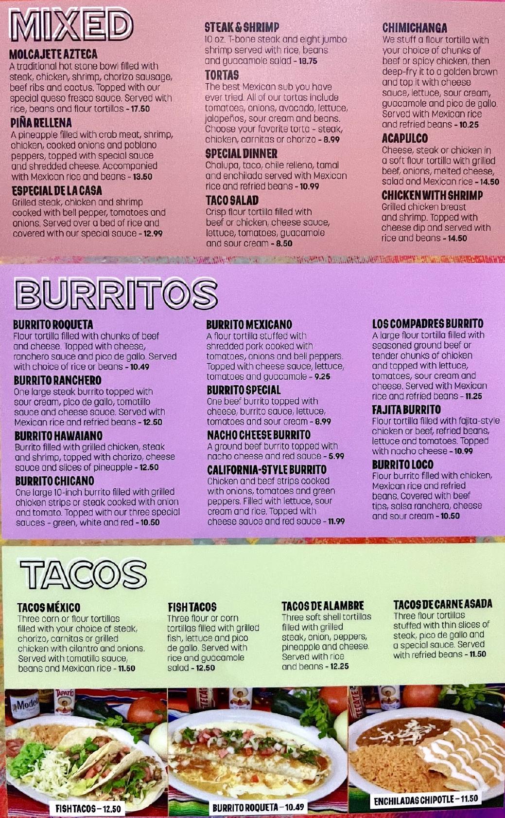Menu at Los compadres restaurant, Hopkinsville