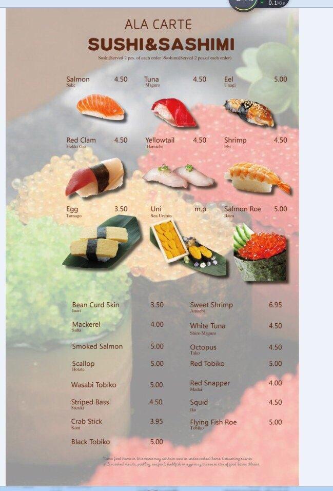Menu at Omizu Japanese Restaurant, Parma