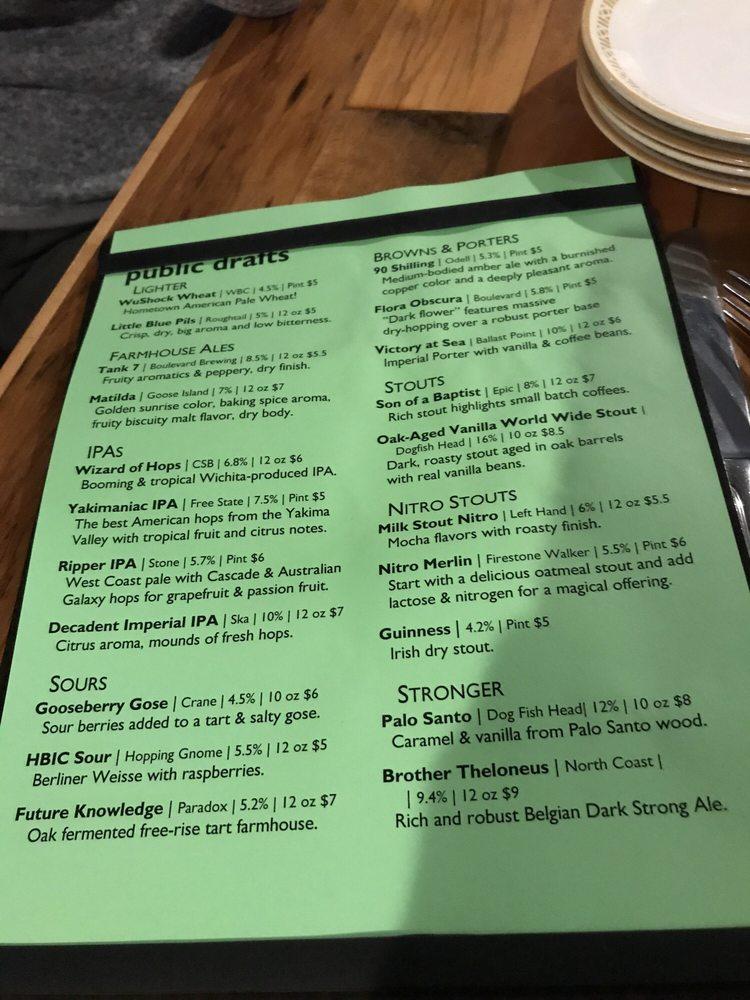 Menu at Public at the Brickyard, Wichita