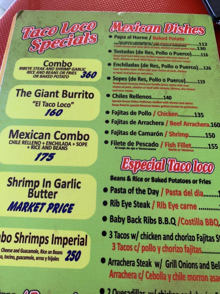 Menu at Taco Loco restaurant, Cabo San Lucas, Plaza de los Mariachis