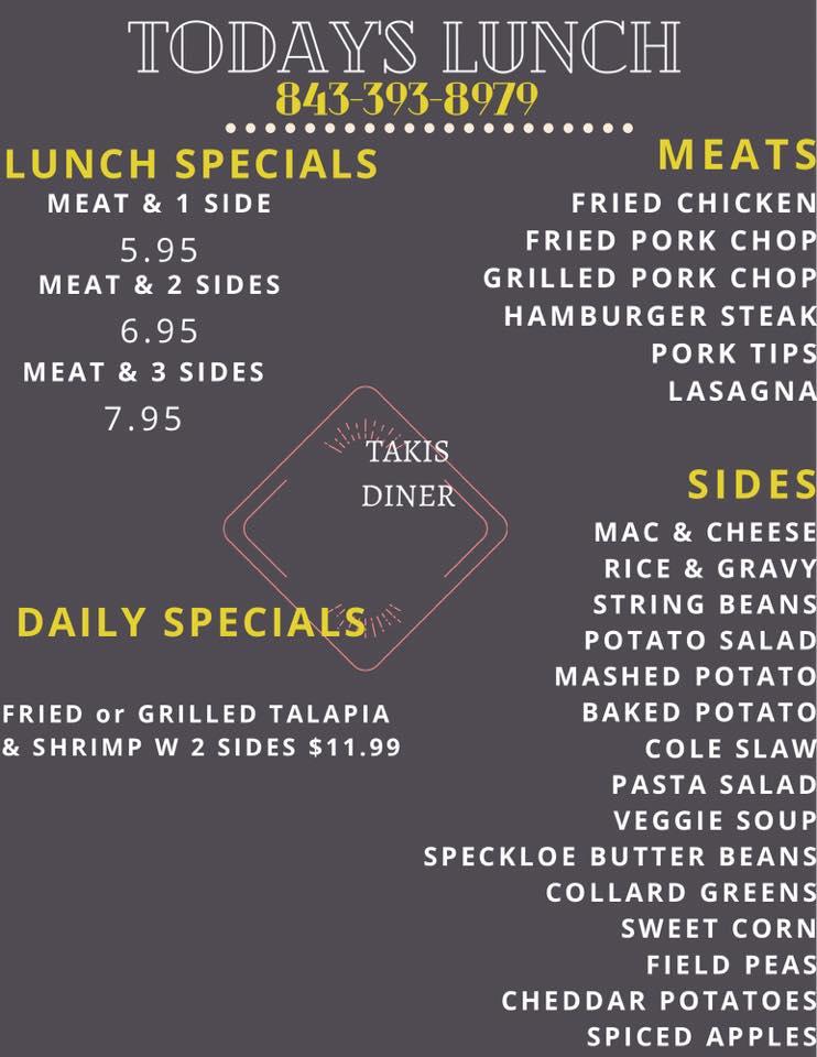 Menu at Takis Diner restaurant, Darlington