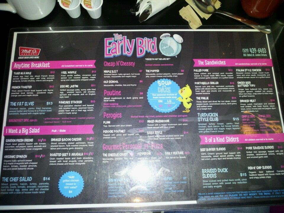 Menu at The Early Bird restaurant, London