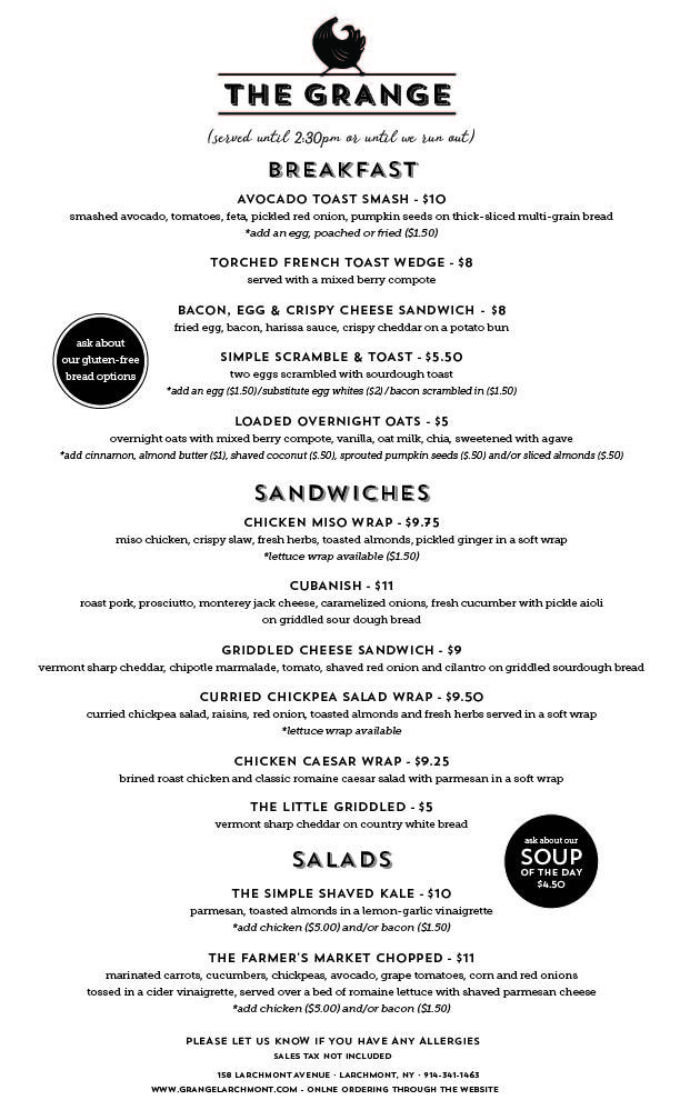 Menu at The Grange restaurant, Larchmont