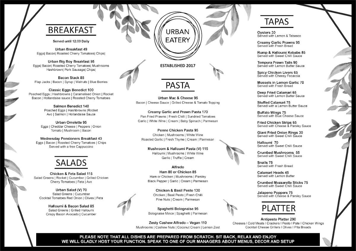 Menu at Urban Eatery restaurant, Vereeniging, 13 Orwell Dr